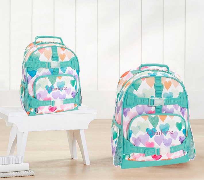 Mackenzie Aqua Rainbow Hearts Backpacks | Pottery Barn Kids
