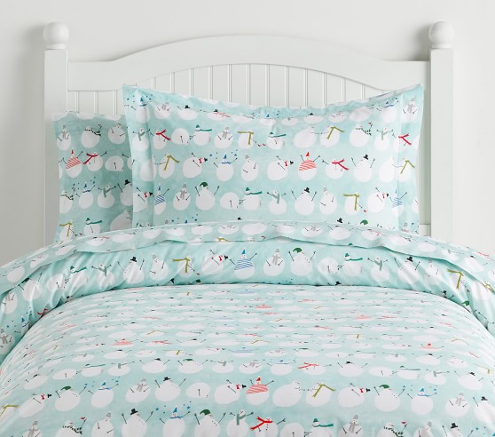 Organic Cheery Snowman Kids Christmas Flannel Sheets | Pottery Barn Kids