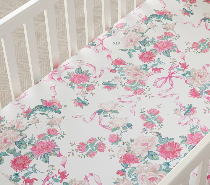 LoveShackFancy Cabbage Rose Bow Organic Crib Fitted Sheet | Pottery ...