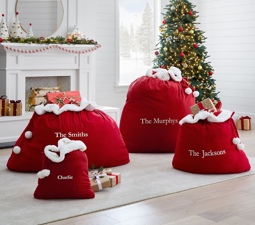 Red Fleece Santa Bags for Christmas | Pottery Barn Kids
