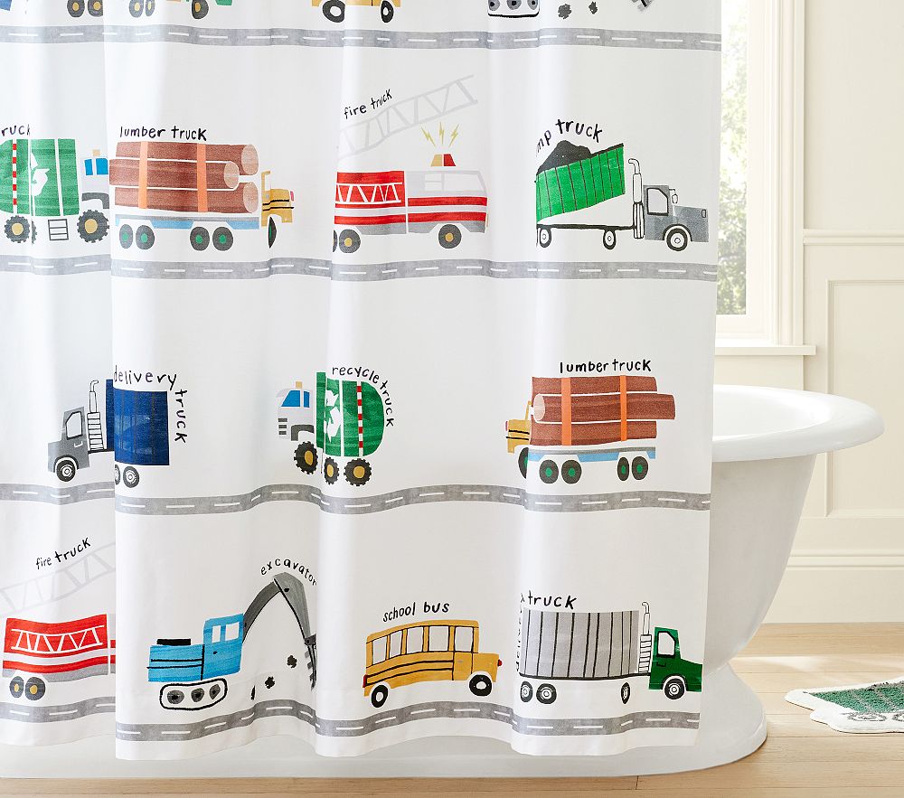 Busy Trucks Shower Curtain for Kids | Pottery Barn Kids
