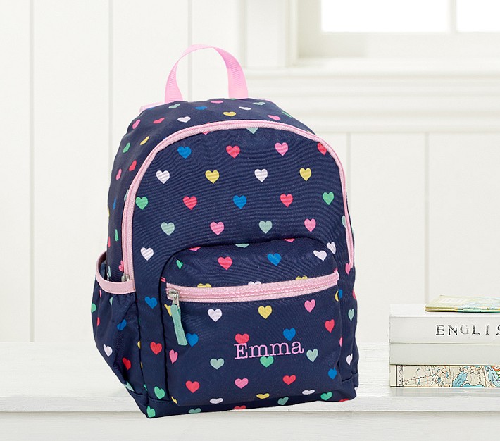 Mackenzie Navy Pink Multi Hearts Packaway Backpack | Pottery Barn Kids