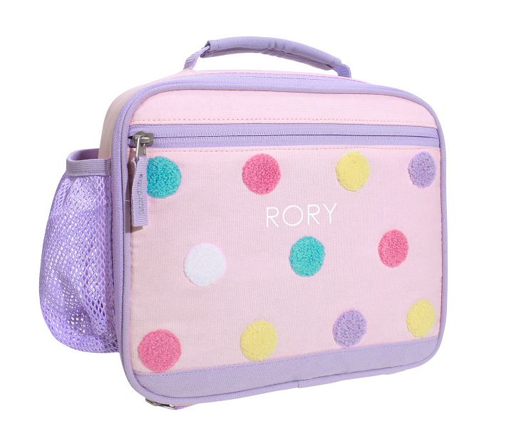 Mackenzie Pink Polka Dots Chenille Lunch Boxes | Pottery Barn Kids