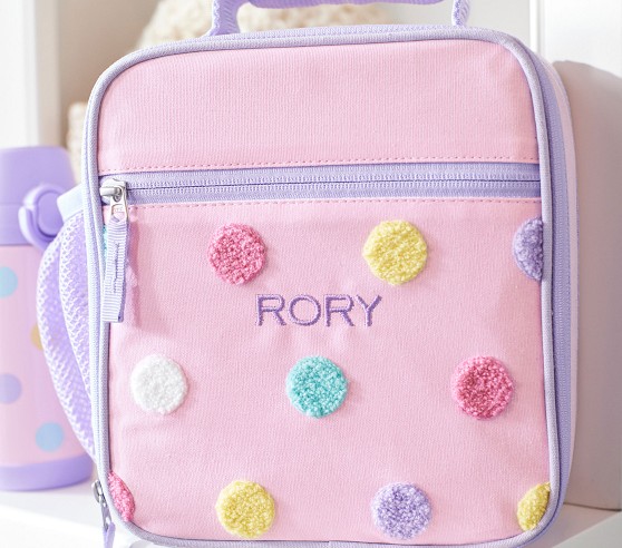 Mackenzie Pink Polka Dots Chenille Lunch Boxes | Pottery Barn Kids