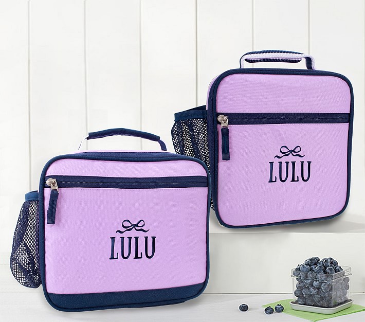 Mackenzie Lavender Solid Navy Trim Lunch Boxes | Pottery Barn Kids
