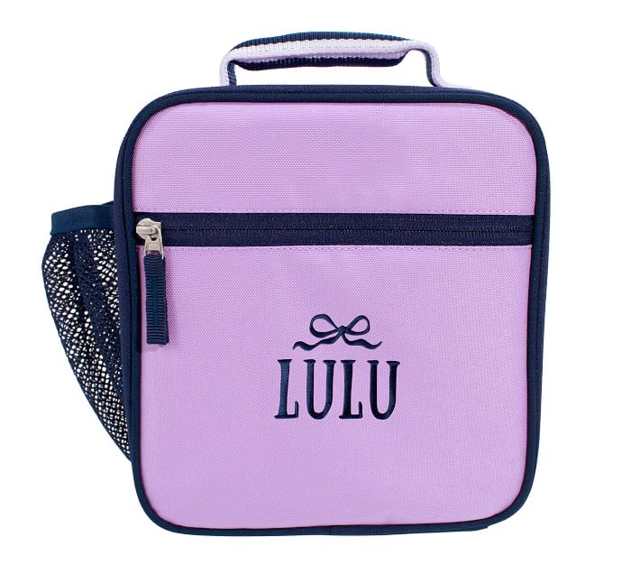 Mackenzie Lavender Solid Navy Trim Lunch Boxes | Pottery Barn Kids