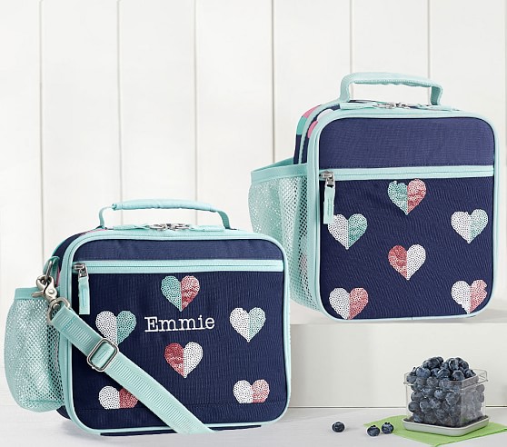 Mackenzie Navy Mod Heart Sequins Kids Lunch Boxes | Pottery Barn Kids