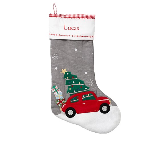 Christmas Car Gray Quilted Christmas Stocking | Pottery Barn Kids