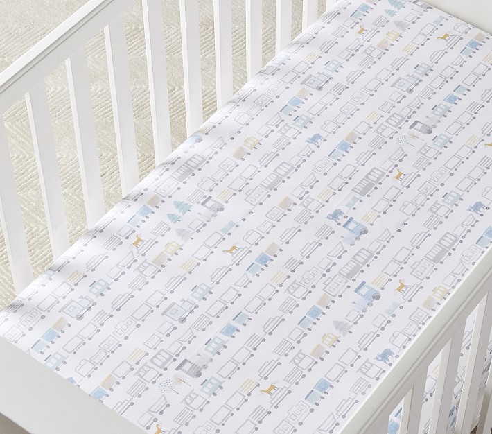 Woodland Train Organic Crib Fitted Sheet | Pottery Barn Kids