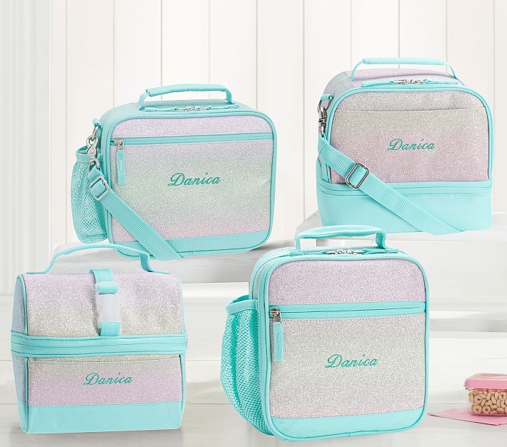 Mackenzie Aqua Sky Ombre Sparkle Glitter Lunch Boxes | Pottery Barn Kids