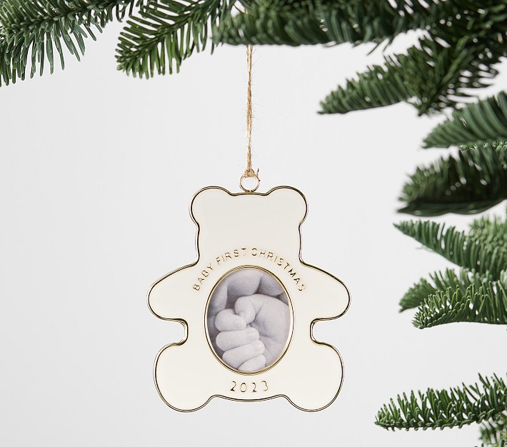 Baby First Christmas Enamel Frame Bear Ornament | Pottery Barn Kids