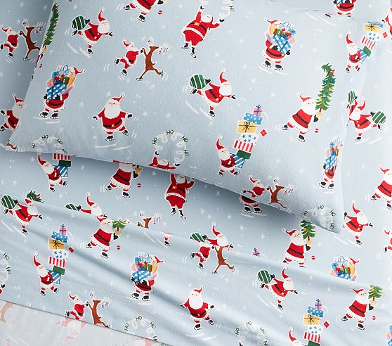 Organic Flannel Skating Santa Kids' Sheet Set | Pottery Barn Kids