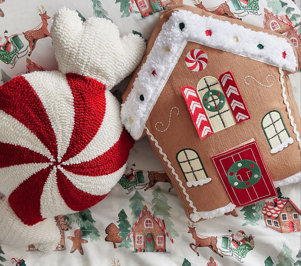 Gingerbread House & Peppermint Candy Pillow Set | Pottery Barn Kids