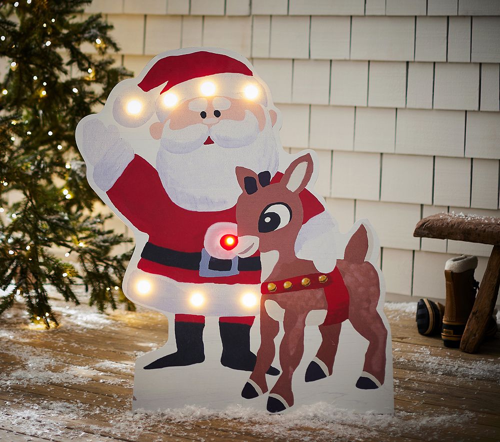 Santa and Rudolph® Light-Up Wooden Outdoor Decor | Pottery Barn Kids