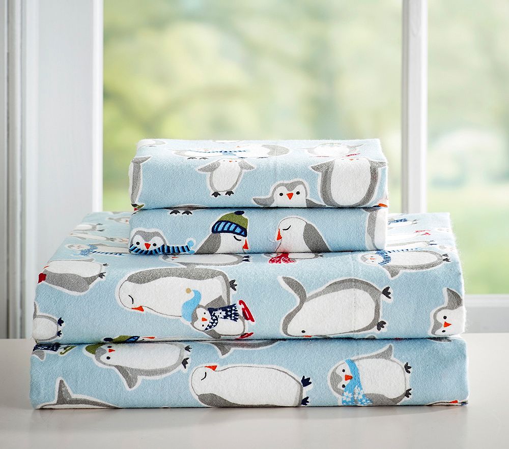Blue Penguin Flannel Kids' Sheet Set | Pottery Barn Kids