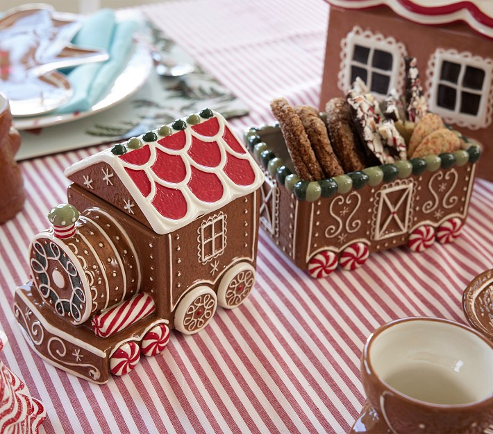 Gingerbread Ceramic Train Serving Set | Pottery Barn Kids